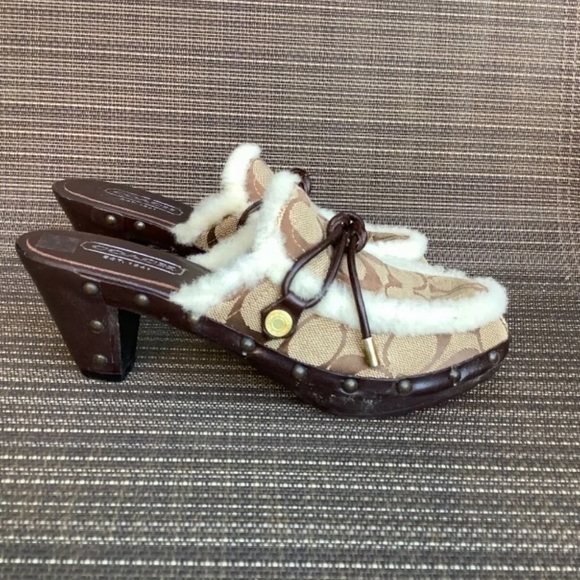 Coach | Shoes | Coach Brown Beige White Leather Logo Clogs 55 | Poshmark